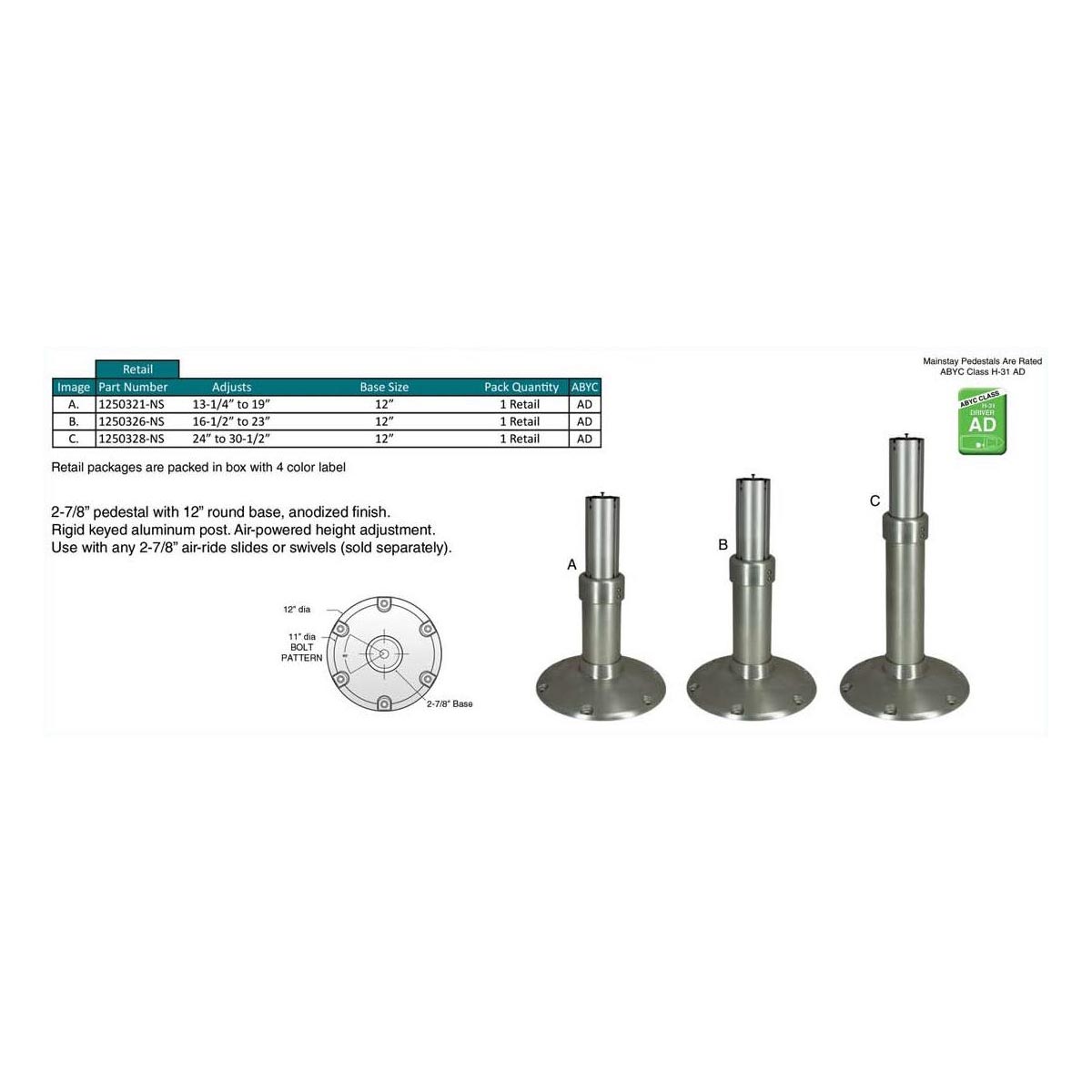 Heavy Duty Mainstay Air Ride Pedestal with 12" Base - 2 7/8" Inner Pos ...